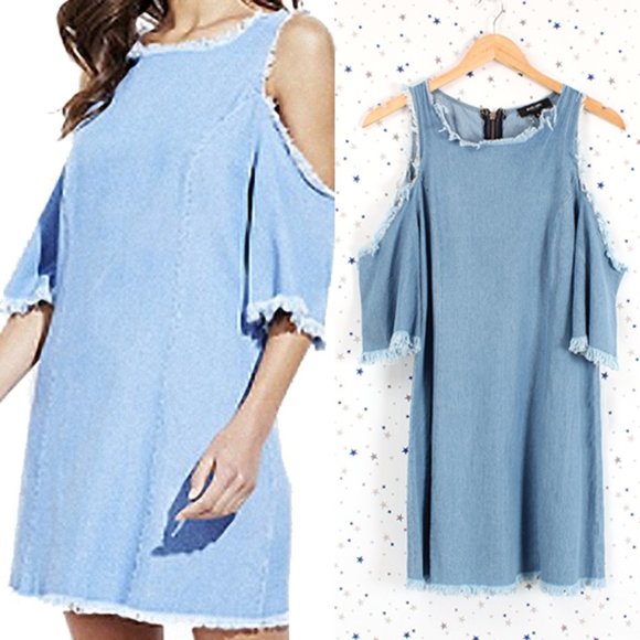 Dresses | Cold Shoulder Frayed Denim Dress Light Blue | Poshmark